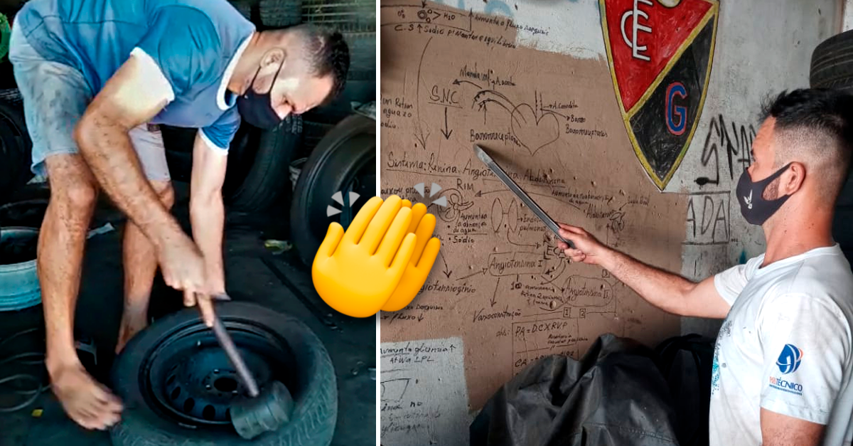 Brasileño estudia su carrera en las paredes de su taller