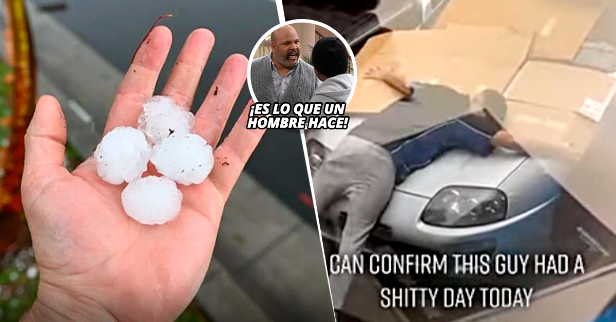 Hombre usa su cuerpo para proteger su auto del granizo