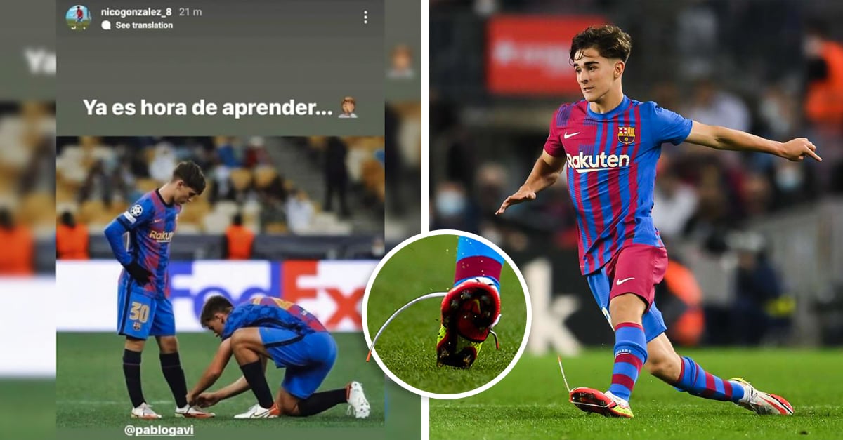 El futbolista Gavi no sabe atarse las agujetas de sus zapatos