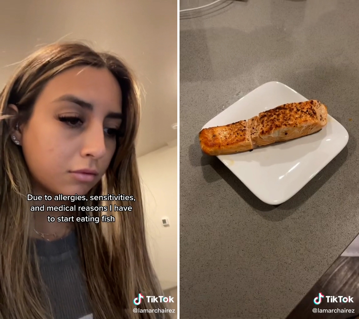 Vegana llora al cocinar y probar un pedazo de salmón