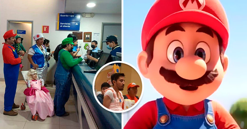 Familia va al cine vestidos de los personajes de Super Mario Familia va al cine vestidos de los personajes de Super Mario